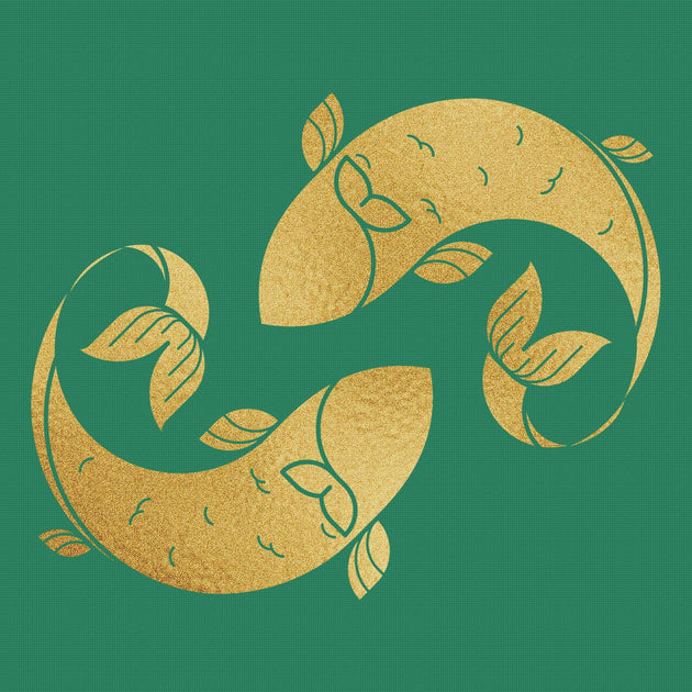 Alfons Mucha's Golden Pisces-Fish on a Green Background Counted Cross ...